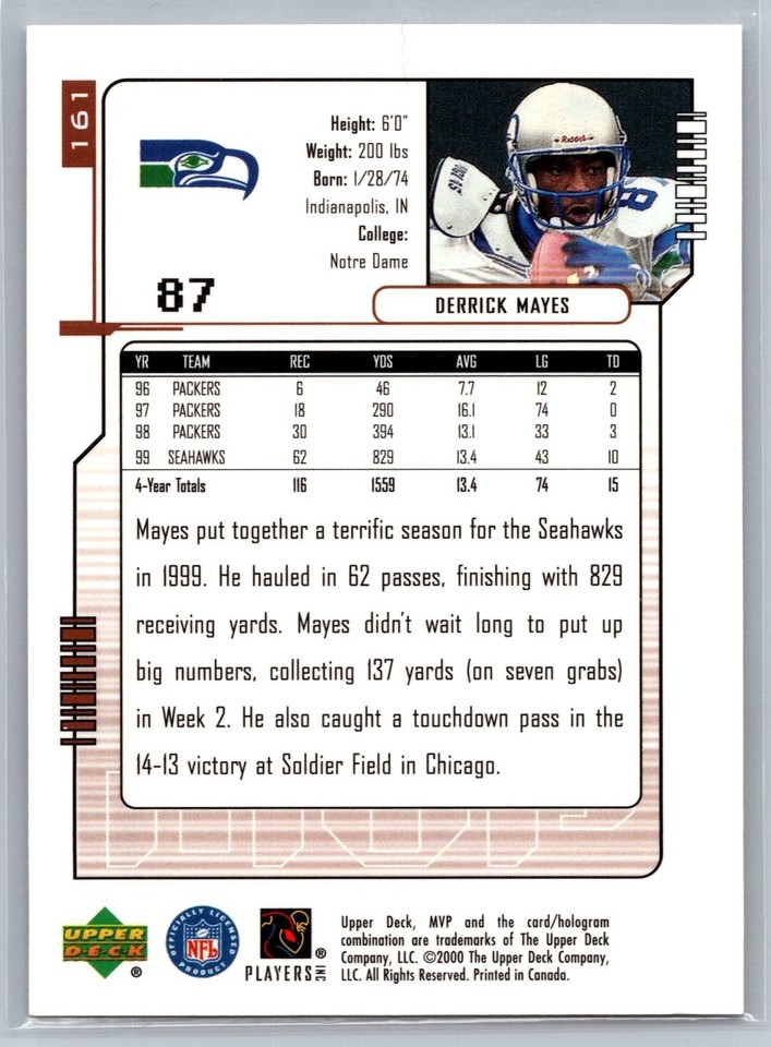 2000 UPPER DECK MVP CARD # 161 Derrick Mayes - Seattle Seahawks | eBay