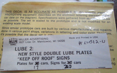 Herald King Decals HO #Lube 2-U Lube Plates & "Keep Off Roof" Signs ...