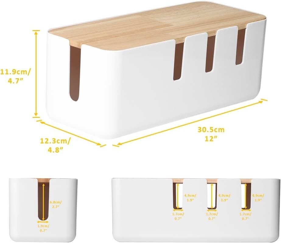 Cable Management Box by , 12X5X4.5 Inches, Wood Lid, Cord Organizer for ...