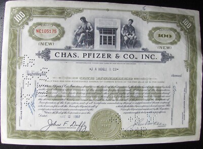 Stock certificate Chas. Pfizer & Co.. Inc Payee J.A. HOGLE & Co, 1957 ...