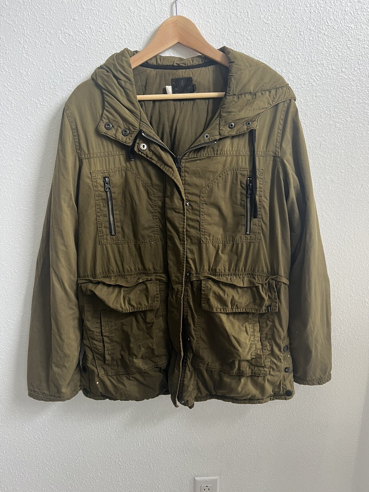 VOLCOM men’s 3 in 1 army green nylon heavy-weight hooded jacket coat ...