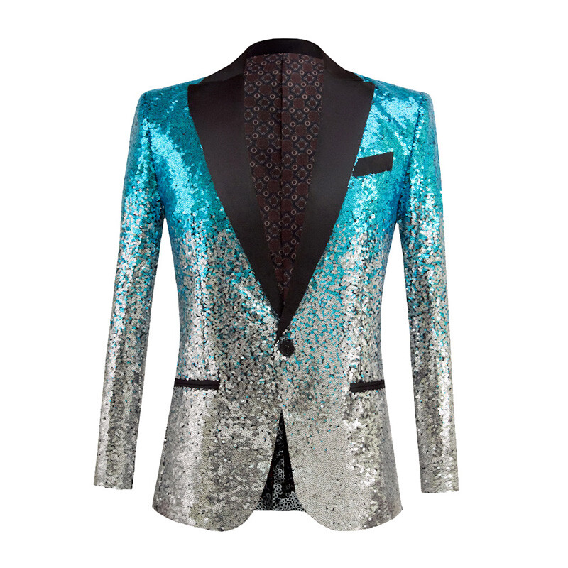 Men Two Tone Gradient Color Shiny Sequin Jacket Suit Blazer Coat ...