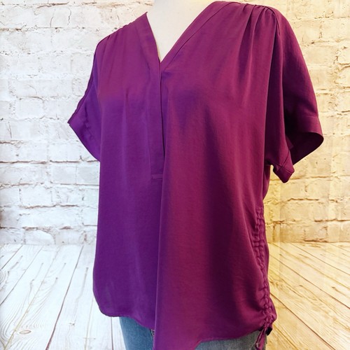Chicos Womens Satin Side Cinch Blouse Short Sleeve Size S 0 Purple | eBay