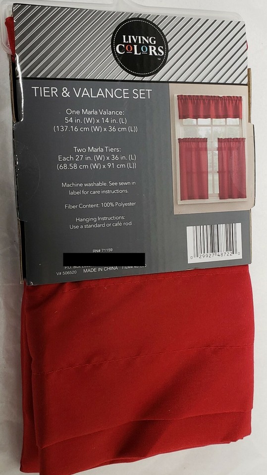 3 Pc. Curtains Set: 2 Tiers (27" x 36") & Valance (54" x 14") RED MARLA ...