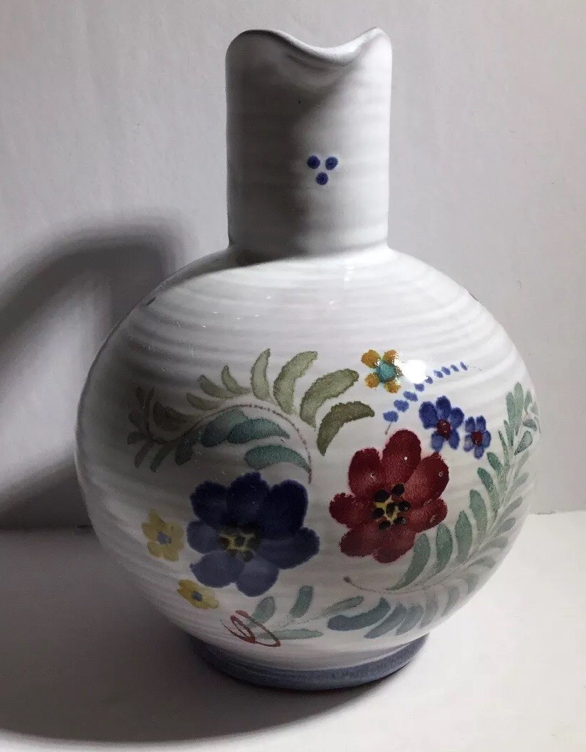 Arabia Made In Finland Pottery Gray PITCHER w/Flowers Blue Maroon Green ...