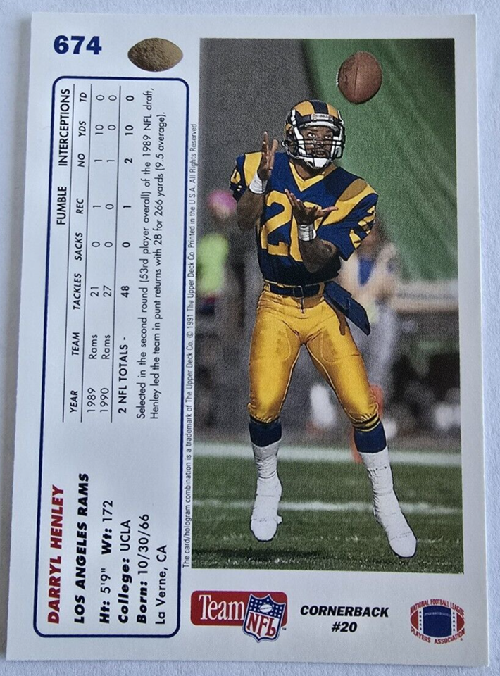 Darryl Henley, 1991 Upper Deck, Los Angeles Rams, Cornerback, Card ...