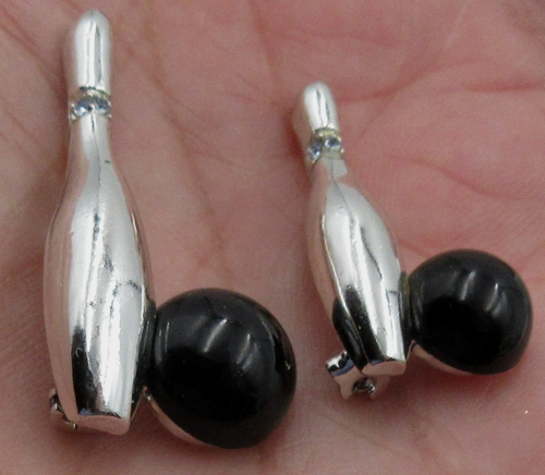 VTG LOT SET clear RHINESTONE BOWLING BALL PIN black silver tone metal ...