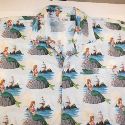WHAT ON EARTH MERMAID HULA GIRL PRINT HAWAII ALOHA HAWAIIAN STYLE SHIRT ...
