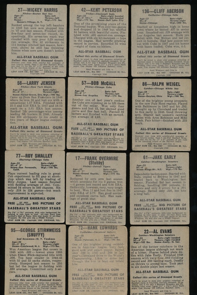 12) 1948 LEAF VALO HEGAN HUDSON LINDELL EVANS VINTAGE FACTORY ERROR ...