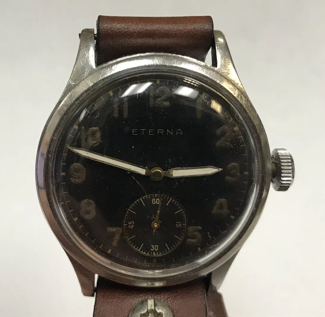 VINTAGE ETERNA MAJETEK MILITARY PILOT’S WRIST WATCH GILT DIAL 37MM ...