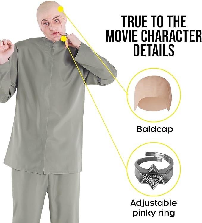 Mens Evil Doctor Costume Powers 60s Movie Villain Gray Suit +Bald Cap ...