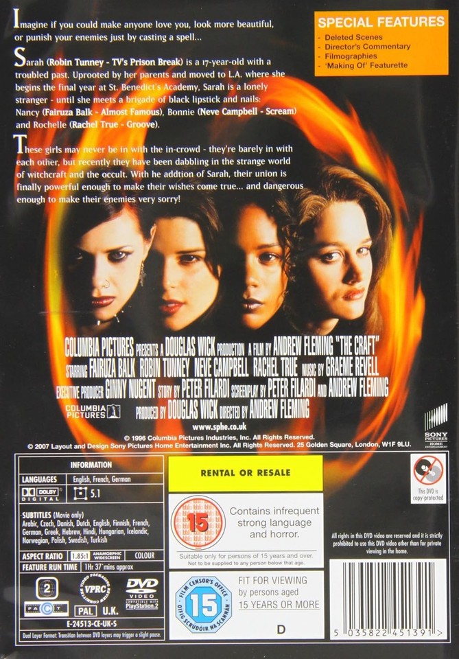 The Craft (DVD) Robin Tunney Fairuza Balk Neve Campbell Rachel True ...