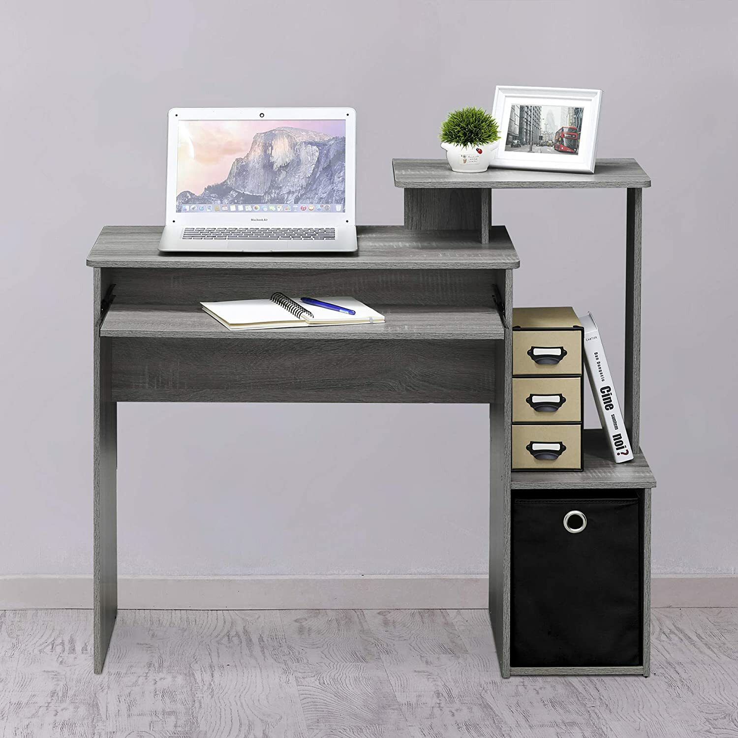 Gray Oak Finish Work Desk Storage Bin Laptop Computer Table Office ...