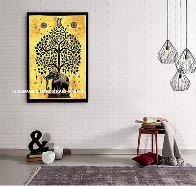 Elephant Tree of Life Wall Hanging Psychedelic Yellow Tapestry Cotton ...