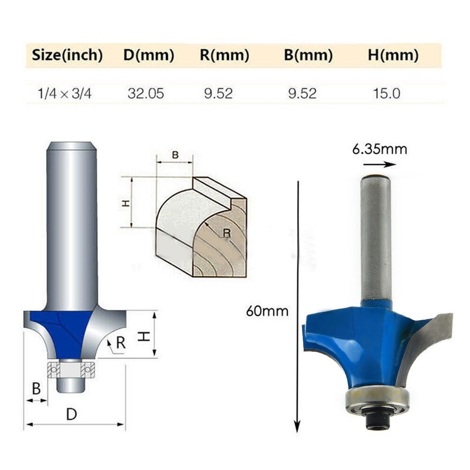 1/4" Shank 3/4" Radius Round Over Router Bit Woodworking Milling Cutter ...