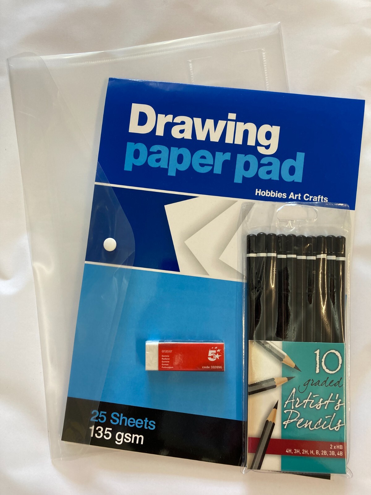 ARTIST BUNDLE: A4 SKETCH PAD, ERASER, GRADED PENCILS AND A4+ CLEAR STUD ...