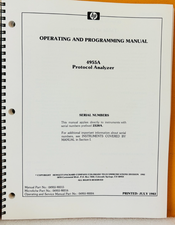 HP 04955-90015 1983 4955A Protocol Analyzer Operating & Programming Manual. | eBay