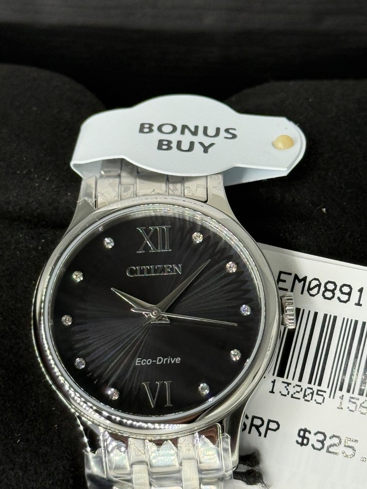 🔥 $325 Citizen Eco Drive Women Watch Black Dial Dimond Silver Stainless ...
