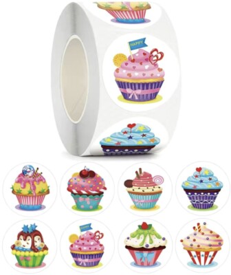 500 pc Sticker Roll 1 Inch 8 Style Colorful Dessert Ice Cream Bowl Self ...