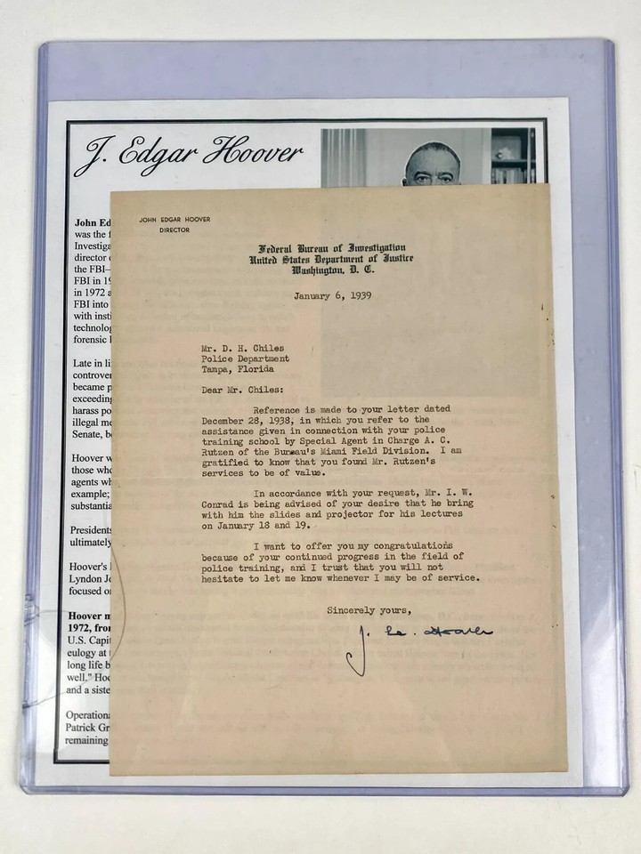 1939 FBI Director J. Edgar Hoover Signed DOJ Letter On FBI Letterhead ...