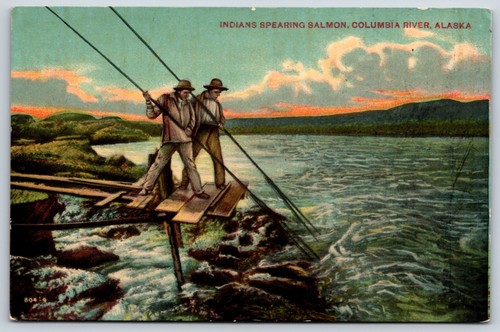 Postcard Indians Spearing Salmon Columbia River Alaska Unposted | eBay