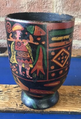 ANTIQUE Peruvian Kero Inca Puru Hand Carved & Painted Wood Drinking ...