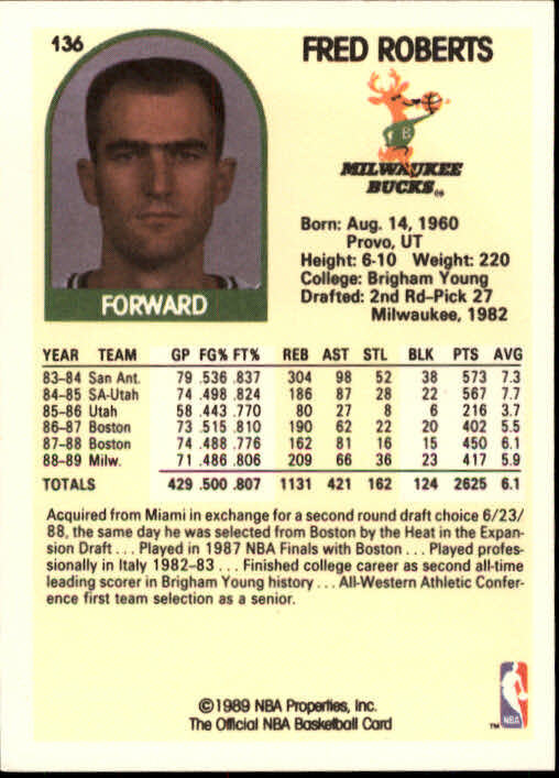 1989-90 Hoops Milwaukee Bucks Basketball Card #136 Fred Roberts Rookie ...
