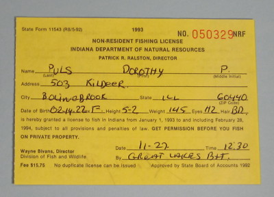 1993 Indiana DNR Fish & Wildlife Non Resident Fishing License...Free ...