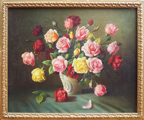 Vase with roses flower still life antique oil painting by Curt Haase ...