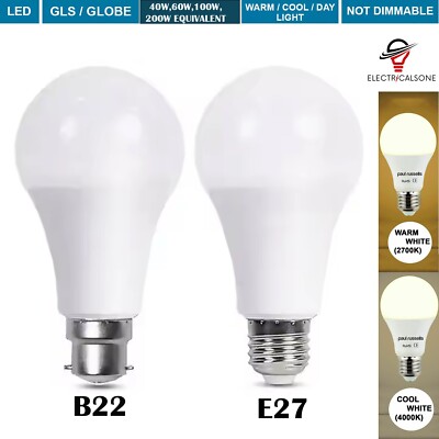 LED GLS Light Bulb 40W 60W 100W 200W Equivalent B22 E27 Warm Cool White ...