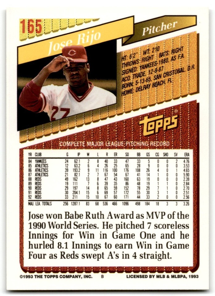 1993 Topps Gold Jose Rijo Cincinnati Reds #165 | eBay