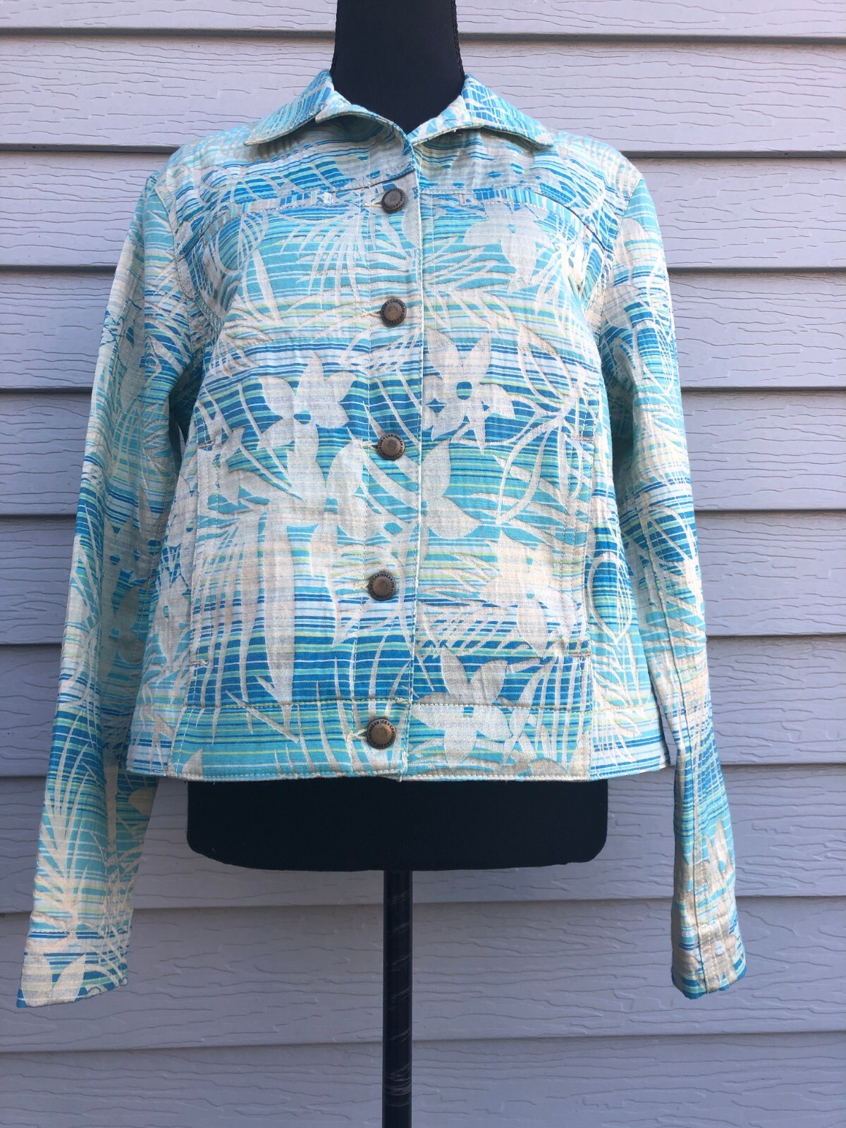 Caribbean Joe Jacket Hawaiian Floral Blue Green Cotton Blend Button ...