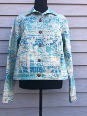 Caribbean Joe Jacket Hawaiian Floral Blue Green Cotton Blend Button ...