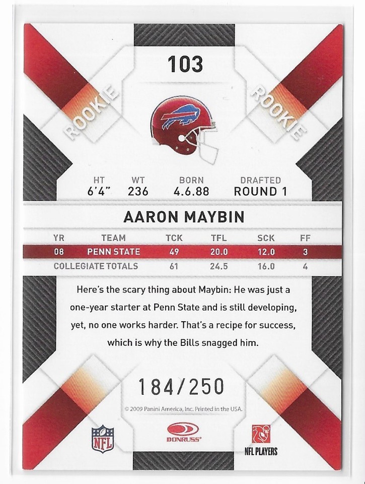 Aaron Maybin 2009 Donruss Threads Silver Holofoil Rookie #103 /250 ...