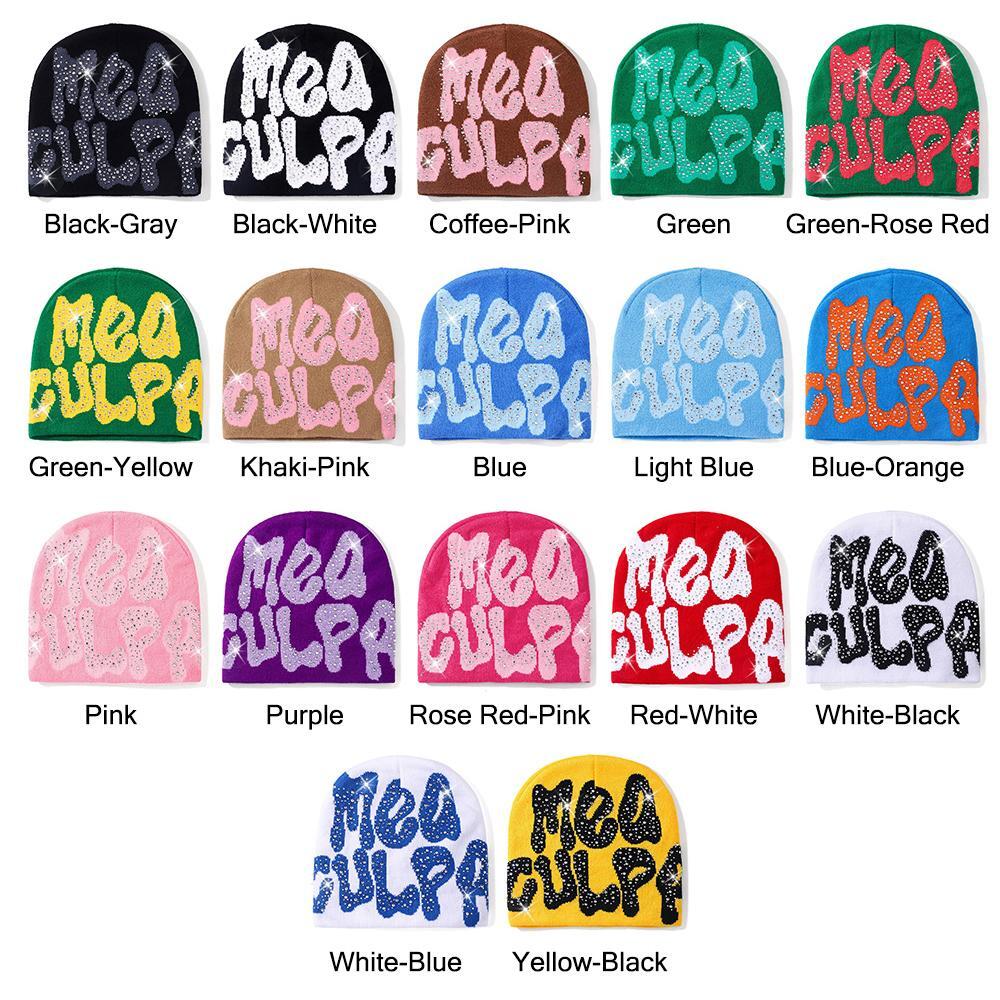 Warm MEA Culpa Beanies Hat with Rhinestone Knitted Slouchy Cap for ...