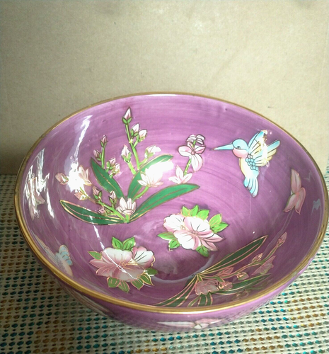 Decorative 6 Inch bowl purple & gold with flowers and hummingbirds | eBay
