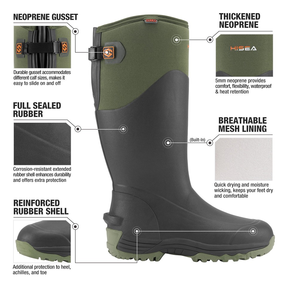 HISEA Men's Rubber Boots Neoprene Insulated Rain Boots Mud Working ...