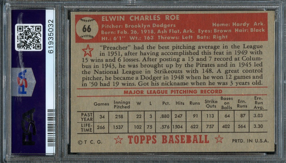 BB - 1952 Topps - #66 - Preacher Roe - PSA 6 - EX-MT | eBay