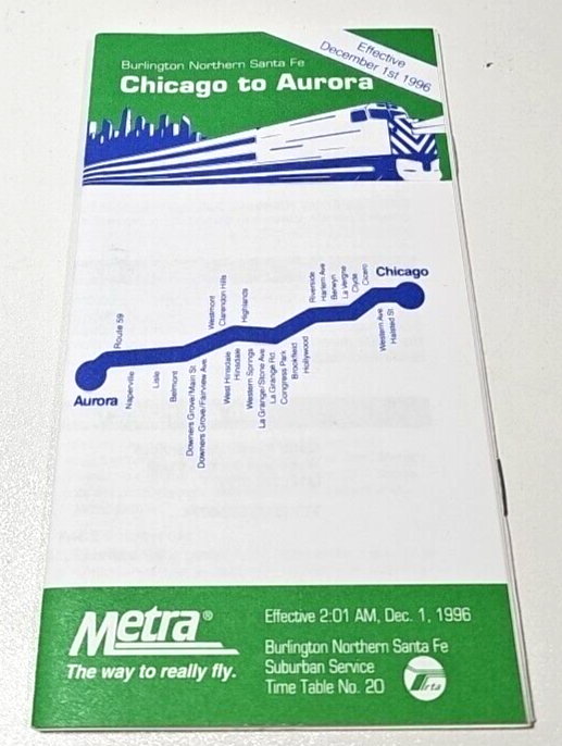 Vintage 1996 METRA Chicago To Aurora Railroad Timetable Issue 12/1/96 ...