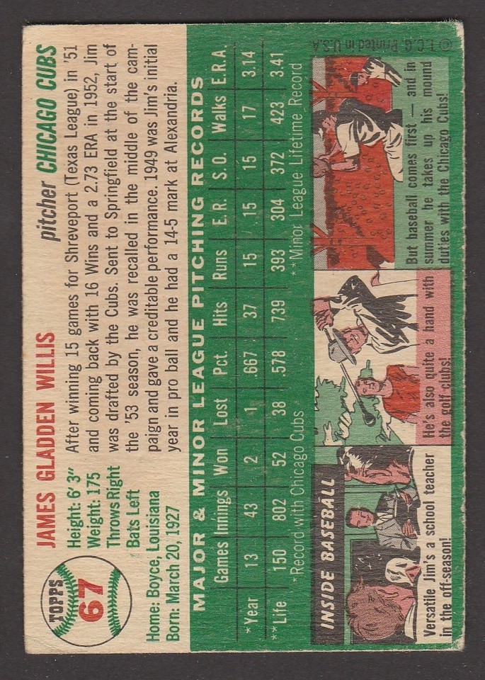 1954 TOPPS BASEBALL # 67 JIM WILLIS RC INV J2785 | eBay