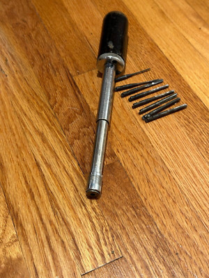 VINTAGE ANTIQUE PUSH DRILL BORING TOOL 8 BITS WOOD HANDLE | eBay