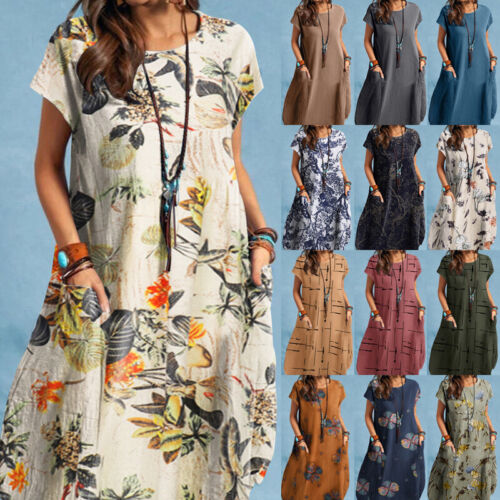 Zanzea Womens Summer Floral Printed Short Sleeve Holiday Casual Loose