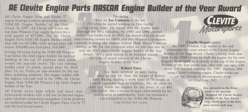 1997 Clevite 77 Engine Builders NASCAR postcard GORDON JARRETT MARTIN ...