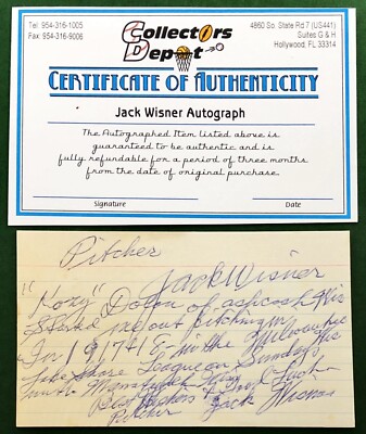 JACK WISNER BASEBALL AUTOGRAPH INDEX CARD WITH COA BORN 1899 NEW YORK ...