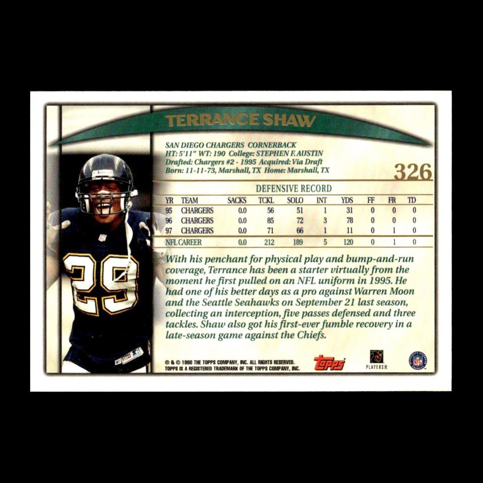 Terrance Shaw 1998 Topps San Diego Chargers #326 R324B 83 | eBay
