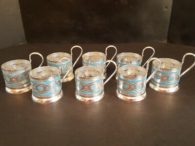 Vintage (LOT OF 8) Russian Tea Coffee Stakan Holder Aluminium Green ...