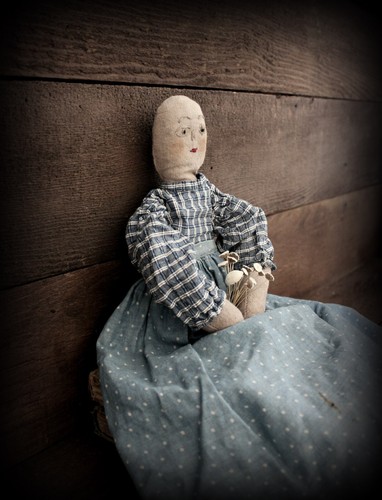 Primitive Antique Folk Art Cloth Rag Doll Early Blue Calico ...