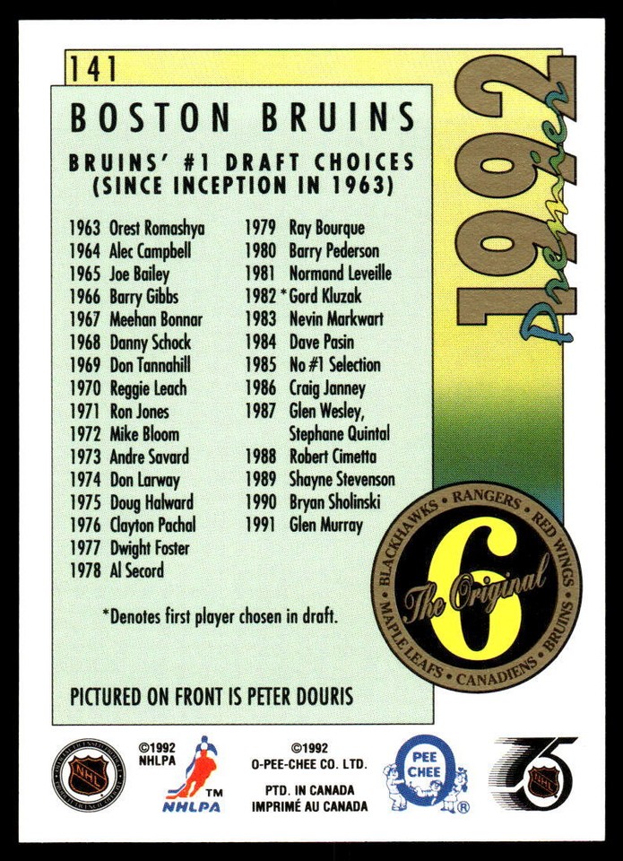 1991-92 O-Pee-Chee Premier #141 Peter Douris Boston Bruins Hockey Card ...