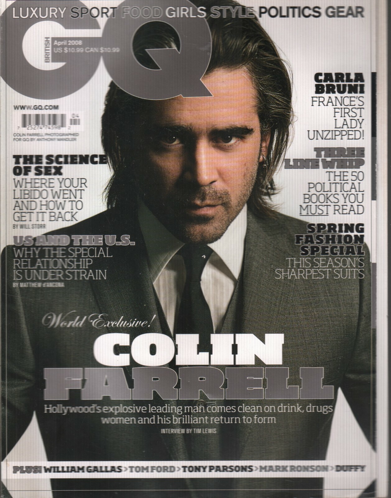 GQ British Edition April 2008 Colin Farrell Carla Bruni William Gallas ...