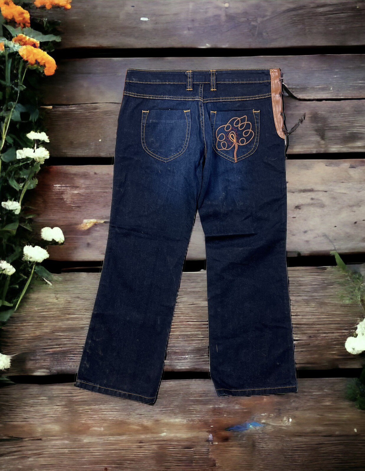 Blue Denim Lace Up Crop Jeans Capris Boho Floral Western Cowgirl Hippie ...